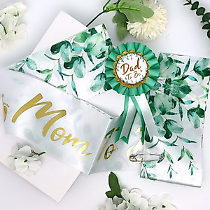 Neutral Sage Green Mom to Be Sash Baby Shower Dad To Be Pin, Gold Glitter Letters Eucalyptus Leaves Greenery Satin Sash Corsage for Pregnant Mommy Gift Party Decorations