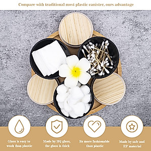 Ezebesta 3PCS Modern 13.53oz Black Bathroom Canisters with 12 Labels & Wooden Lid Thick Glass Jar Set Qtip Holder for Cotton Ball & Pads Storage Organization Minimalist Decor