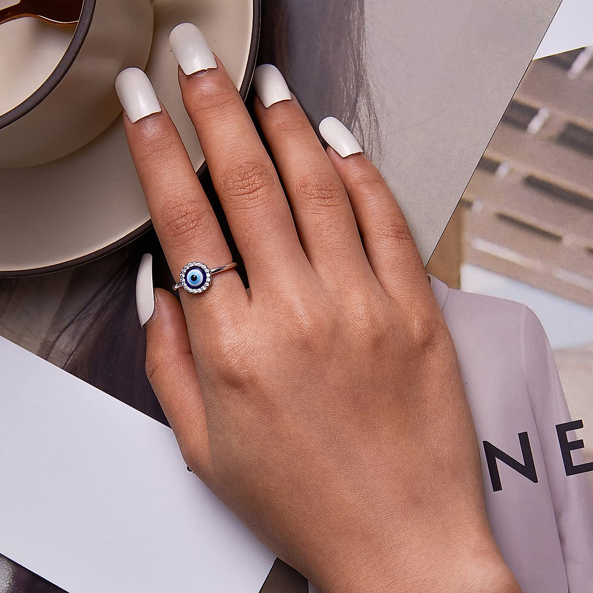 Shysnow Sterling Silver Evil Eye Ring for Women Blue Evil Eyes Nazar Ojos Open Adjustable Rings Dainty Turkish Greek Third Eye Enamel Cubic Zirconia Ring Lucky Protection Jewelry