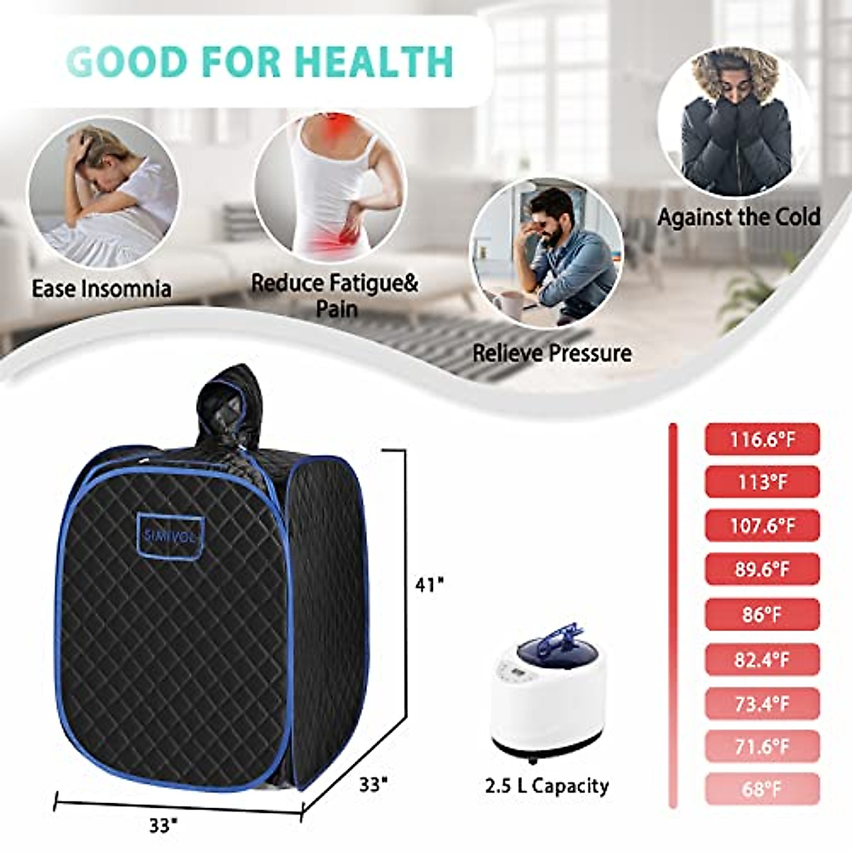 Simivol Portable Steam Sauna for Home Spa, Personal Steam Sauna Tent Indoor with Steamer, 1 Person Steam Room with Foldable Chair& Remote Control(Black)