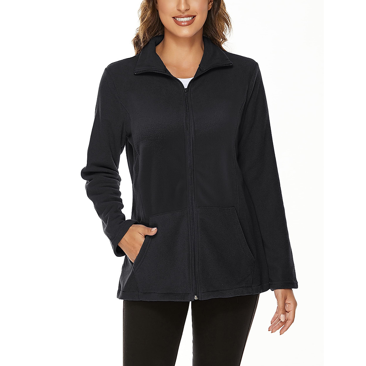 Hibelle Zip Up Jacket, Women Fleece Coats XXL Lightweight Thin Athletic Plus Size Long Sleeve Zipped Tops for Fall Winter Stylish Fashion Comfy Attires Black 2XL