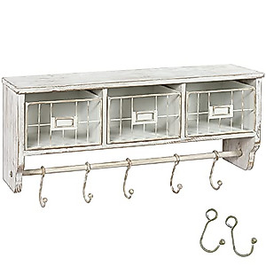 HBCY Creations Wall Mounted Shelf with Coat Hooks and Baskets, Solid Wood Entryway Organizer Wall Shelf with Hooks - Hang Coats, Keys or Coffee Mugs, Rustic Brown 24" Wide