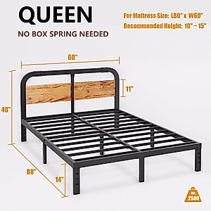 Aardhen Queen Size Bed Frame 14 Inch Rustic Wood Headboard, Heavy Duty Steel Slats Support, Easy Assembly, No Box Spring Needed, Quiet and Sturdy