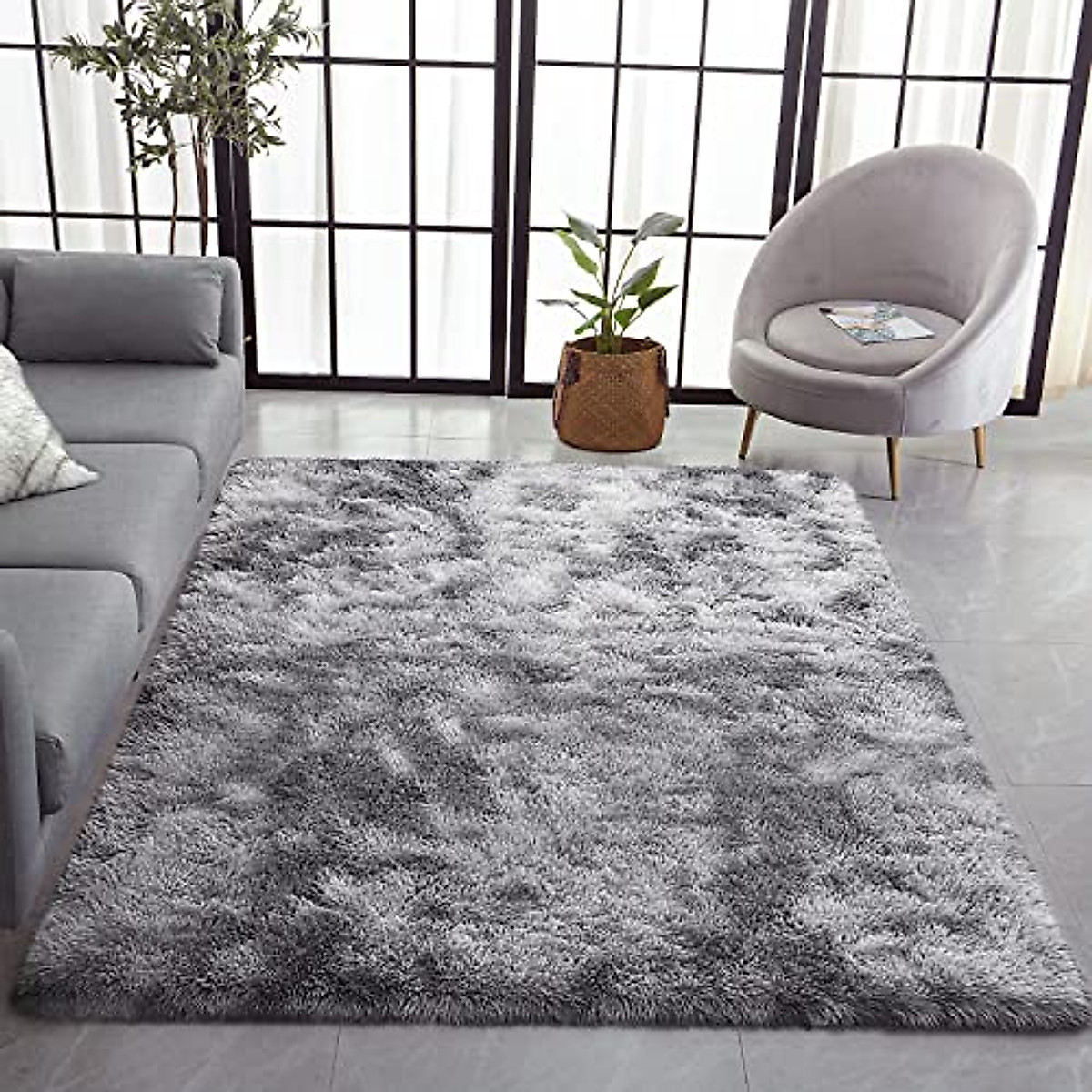 Vocrite Fluffy Rug for Bedroom, Gray 4'x6' Furry Shag Area Carpets, Anti-Slip Plush Shaggy Fur Throw Rugs for Kids Girls Nursery Dorm Living Room Classroom Home Decor,Tie Dyed Light Grey