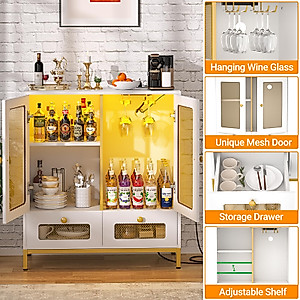 Sideboard Buffet Cabinet with Storage, Wine Bar Cabinet with Power Outlet & LED Light, Kitchen Storage Cabinet with Drawers, Liquor Coffee Bar Cupboard Buffet Table for Dining Room, White