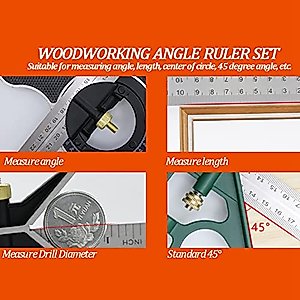 Combination Square Set,Stainless Steel Universal Bevel 180 Degree Angle Combination Square Protractor Ruler Set for Measuring Inner and Outer Angles of The Parts