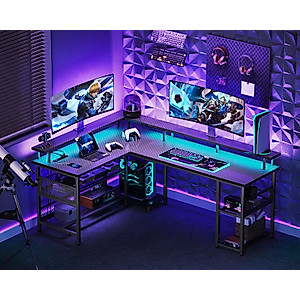 ODK 59" L Shaped Gaming Desk with Power Outlet and LED Lights, PC Gaming Table with USB Ports, Reversible L Shape Desk with Storage Shelves & Monitor Stand, Home Office Desk, Black Carbon Fiber