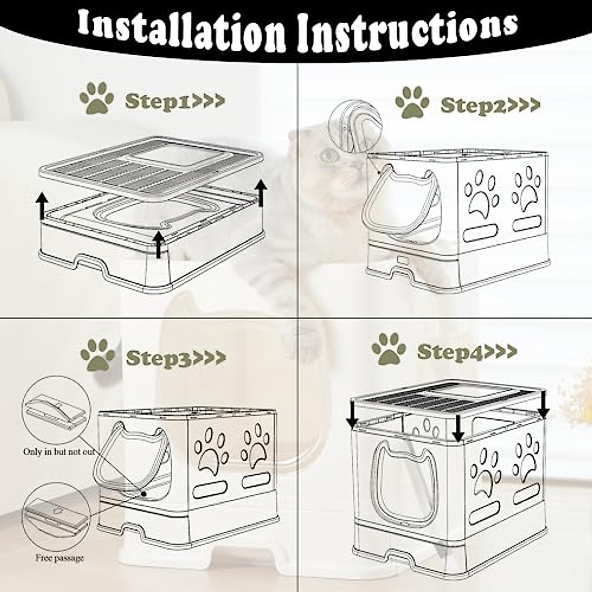 Foldable Cat Litter Box with Lid, Covered Kitten Litter Box with Kitty Litter Scoop and 2 in 1 Brush, Easy to Clean Litter Pan, Enclosed Cats Litter Box