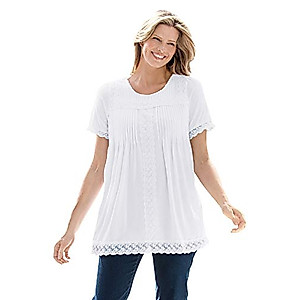 Woman Within Women's Plus Size Lace-Trim Pintucked Tunic - 2X, White