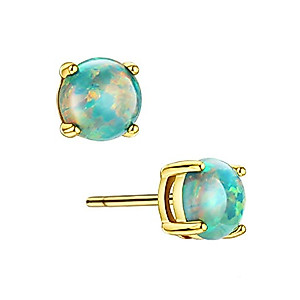 18K Gold Plated Opal Stud Earrings for Women Sterling Silver 5mm Solitaire Green Opal 4 Prongs Setting Simple Women Earrings