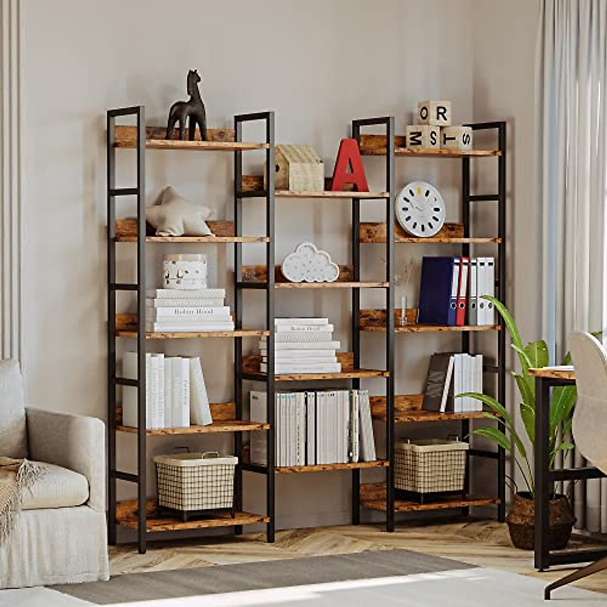 IRONCK Bookcases and Bookshelves Triple Wide 5 Tiers Industrial Bookshelf with Baffles Large Etagere Bookshelf with Metal Frame for Living Room Home Office