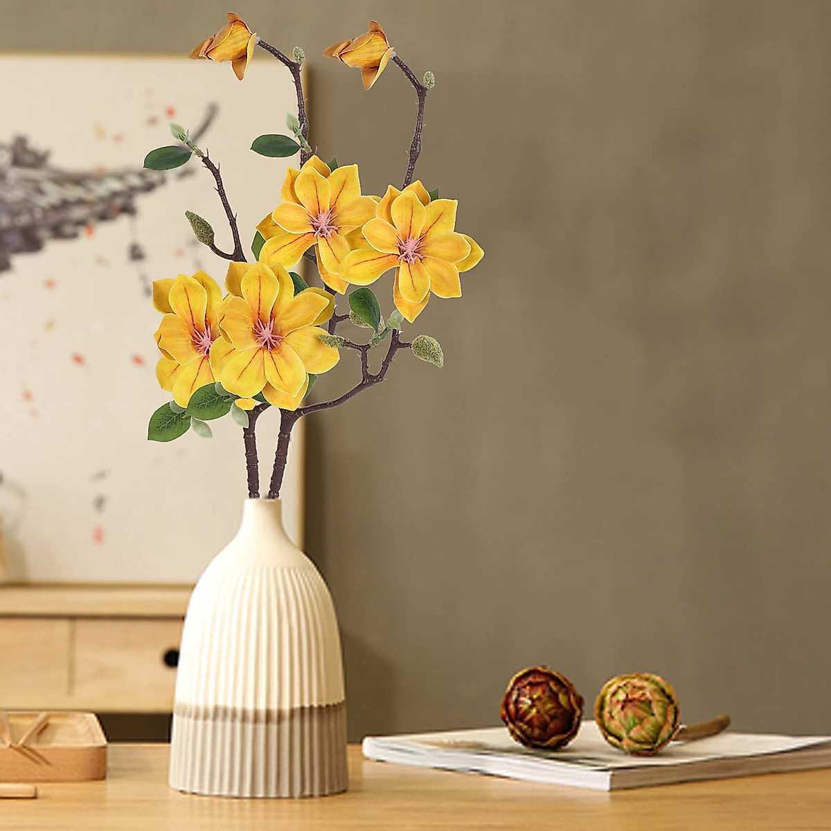 XHXSTORE 2pcs Magnolia Flowers Stems Fake Yellow Flowers Real Touch Flower Artificial Flowers Stems with Leaves for Vase Floral Arrangement for Wedding Table Centerpieces Home Office Garden