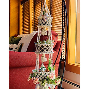 SnugLife Macrame 3 Tier Hanging Basket - Space Saving Hanging Fruit Basket for Kitchen or Decorative Boho Decor Hanging Plant Holder - Use for Produce Baskets, Indoor Planter Hangers, 42 Inches Beige