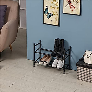 CATDMO 2-Tier Free Standing Shoe Rack Metal Iron Stackable and extensible design. 4 Pair Shoe Shelf Tower Storage Organizer, Black，41.5" (W) x 9" (D) x 14" (H) (Black) KNE-SRIRAC12