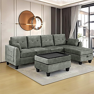 UBGO Modular Sofa Set for Living Room,Sectional Sofa & Couches,4-Seat Sectional Sofa with Reversible Chaise L Shaped Sofa Couch Furniture Sets Sectional Couch with Storage Ottoman-Gray
