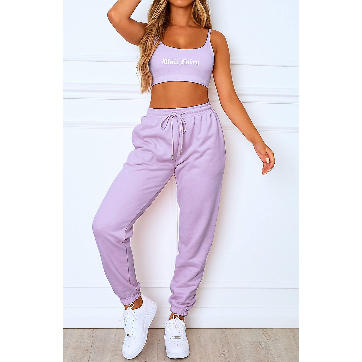 Waitfairy Women's High Waisted Sweatpants Cinch Bottom Jogger Pants with Pockets for Teen Girls Light Purple L