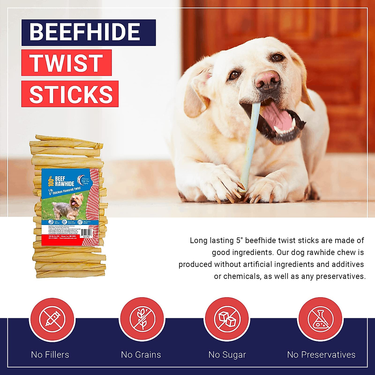 American Made Treat Company 0506 U.S.A. Beefhide Chicken Basted Twist Sticks, Digestive and Protein Rich Rawhide Chicken Flavored Sticks for Improving Dental Health, 5" in Size, 1 Pound Pack.