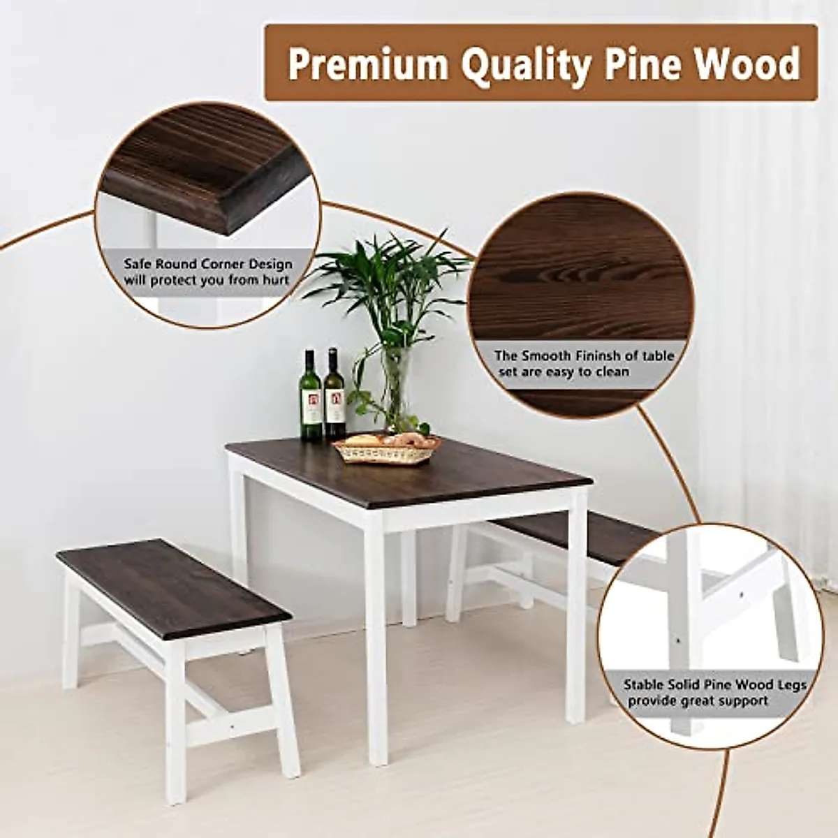 Alohappy Dining Table Set with 2 Benches, Rectangular Kitchen Table Set for 4-6 Person, Small Room Pine Wood Table for Kitchen, Dining Room, Easy Assembly (Dark Brown)