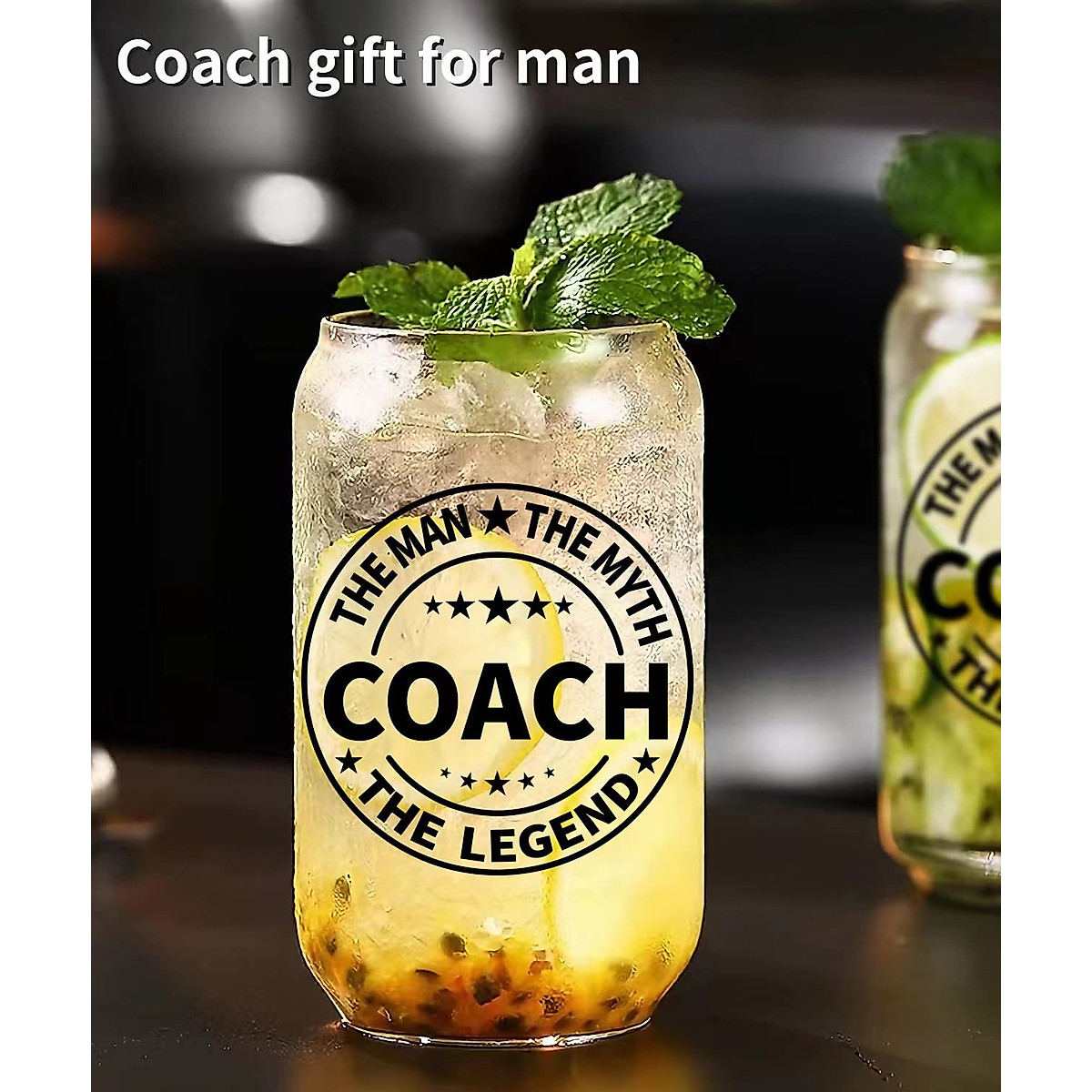 Coach Gifts for Women/Men，Best Coach Gifts,Drinking Glasses with With lid and straw-16oz Can Shaped Glass Cups, Beer Glasses, Iced Coffee Glasses, Cute Tumbler Cup, Ideal for Cocktail, Whiskey