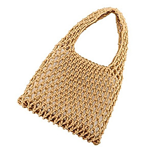 CHIC DIARY Handwoven Small Handbags for Women Cotton Crochet Clutch Purses Summer Beach Fishnet Tote Bags Wristlet Bags(Light Brown)