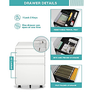 Dripex 3 Drawer File Cabinet, Metal Filing Cabinets with Lock Wheels for A4/Legal/Letter File, Anti-tilt Under Desk Design, Lockable Rolling Mobile File Cabinet for Home Office (White)