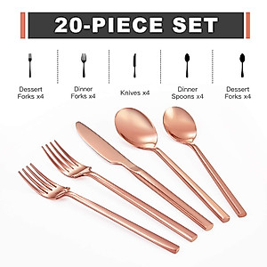 Rose Gold Silverware Set, 20-Piece 18/10 Stainless Steel Flatware Set, Cutlery Tableware Set Service for 4, Modern Utensil Set for Home Party Wedding Gift