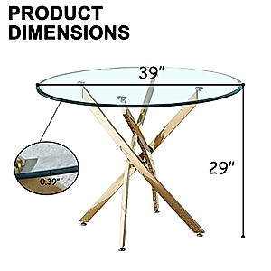 39" Round Dining Table for 6, Glass Kitchen & Dining Room Tables, Modern Circle Dining Room Table with 0.39" Tempered Glass Tabletop and Cross Stainless Steel Legs for Dinner Small Spaces (Gold Leg)