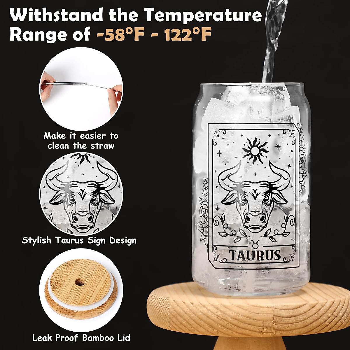 Nefelibata Taurus Gift Set,Beer Can Glass with Lid Metal Straw and Cleaning Brush,Aquarius Zodiac Birthday Gifts for Women and Men,16 oz Reusable Drinking Glass Cup for Coffee Tea Wine Soda Juice