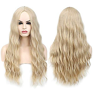 SHINYSHOW 26 inches Blond 613 long Wavy Wig Middle Part Synthetic Halloween Party Cosplay Wig for Women Blonde Wig