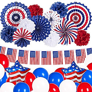 Adurself 4th of July Party Decorations Patriotic Party Supplies Red White Blue Paper Fans Pom Poms Balloons USA Pennant Flags Banners for USA Theme Party Independence Day Celebration Party Decoration