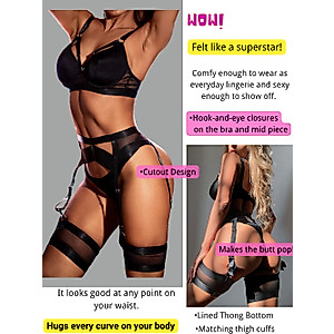 Kaei&Shi Garter Belt Thong Lingerie For Women,Strappy Hollow Out Sexy Lingerie,Underwire Mesh Sheer Matching 4 Piece Lingerie Set Boudoir Black X-Large