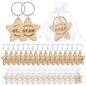 Roowest 25 Sets Star Keychains Inspirational Wooden Keychain Motivational You're a Star Keychains Bulk and 25 Pcs Organza Bags Thank You Gift for Students Teacher School Employee