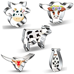 Cow Cookie Cutter Set - 5 Piece Stainless Steel Farm/Farmhouse Animal Cookie Cutters Shapes Milk Bottle, Longhorn, Bull, Cow Head, Cow/Steer Face Cutters Molds for Making Cookies, Biscuit, Fondant