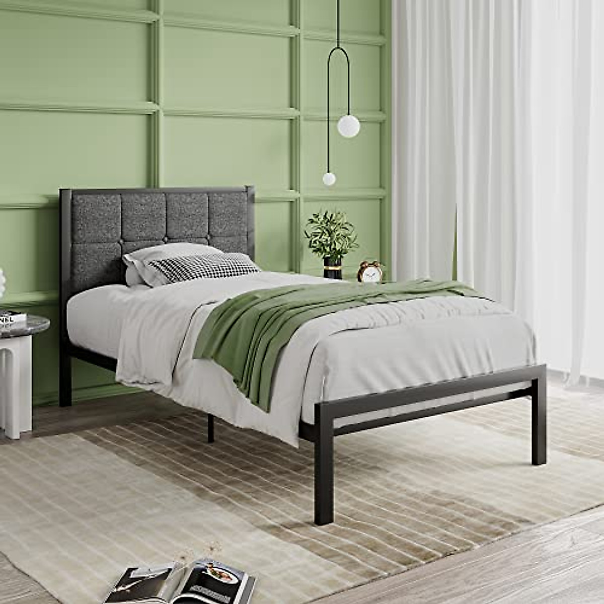 SHA CERLIN Twin Size Bed Frame with Upholstered Headboard, Platform Bed Frame with Metal Slats, Button Tufted Square Stitched Headboard, Noise Free, No Box Spring Needed, Easy Assembly, Dark Grey