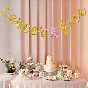 INNORU Cancer Free Banner, Cancer Surviving Party Decorations, Pink Ribbon Hope, Cancer Theme Party Decoration Gold Glitter