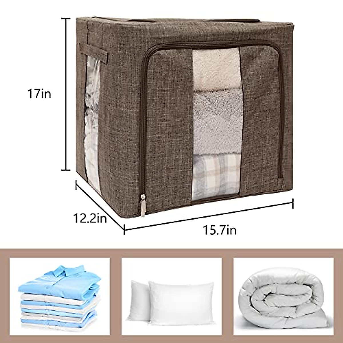 2 Pack 53L Oxford Steel Frame Storage Box for Closet Organization, Collapsible Storage Bins for Clothes blankets, Stackable Storage Boxs with Clear Windows and Handles, Brown