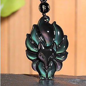 Obsidian crystal nine tail fox necklace Amulet pendant with bead chain for wen or women (rainbow fox)