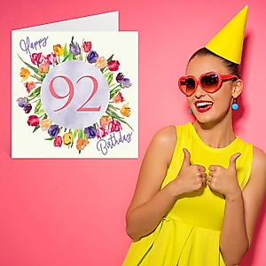 Beautiful 92nd Birthday Cards for Women - Watercolour Tulips Flowers Bouquet - Happy Birthday Card for Her Great Grandma Nanny Gran Birthday Gifts, 5.7 x 5.7 Inch Lovely Floral Greeting Cards Gift