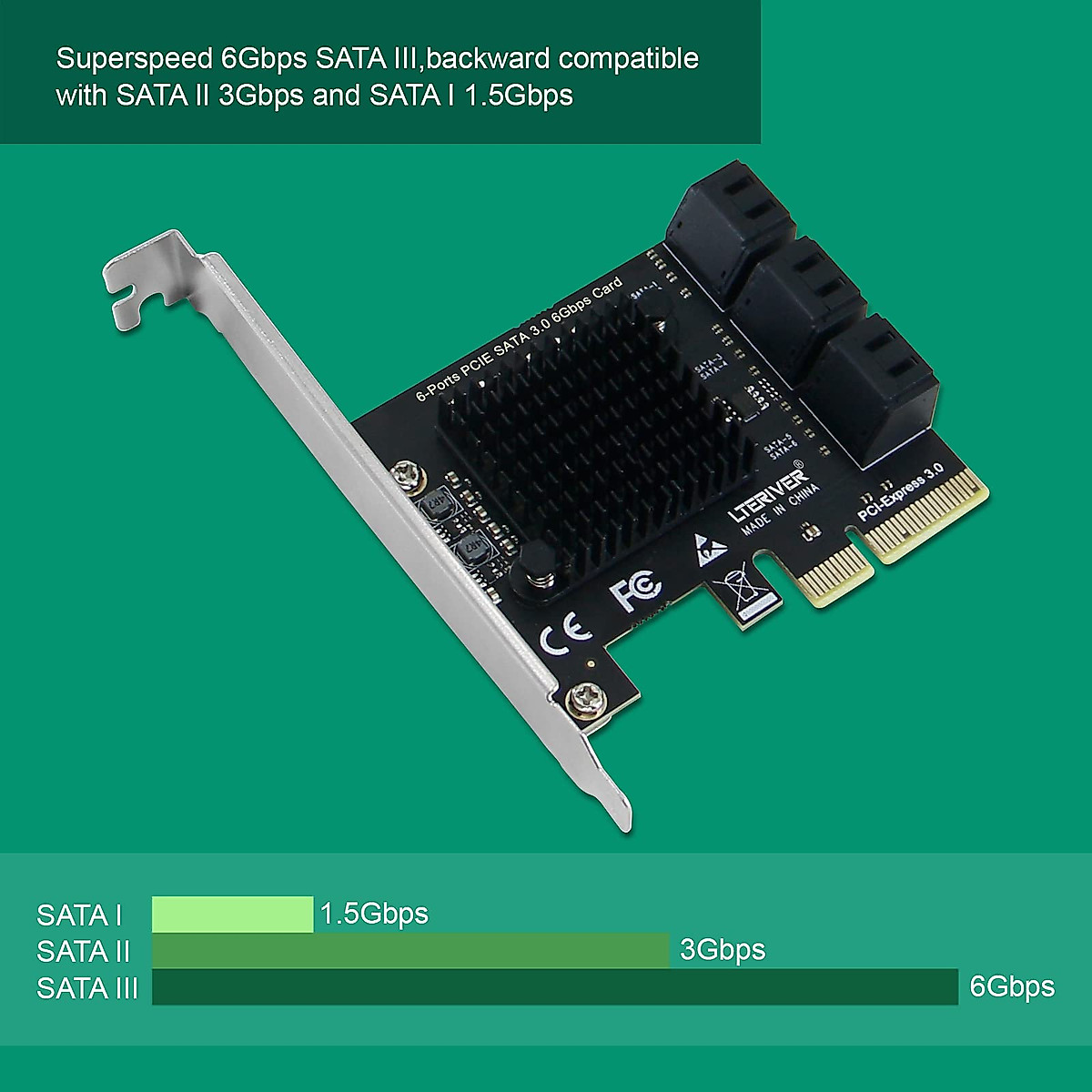 LTERIVER PCI Express X4 to 6-Ports Serial ATA/SATA 3.0 Host Controller Card- Plug and Play on Windows OS, MAC OS and Linux Systems-6X 6Gbps Max SATA 3.0 None Raid Ports-Support AHCI Boot Up (PCE-G2S6)