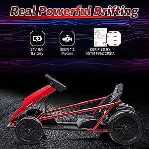 24V Go Kart for Kids 8-12 Years, 300W*2 Extra Powerful Motors, 9Ah Large Battery 8MPH High Speed Drifting with Music, Horn,Max Load 175lbs Outdoor Ride On Toy for Teens,Red
