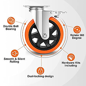 W B D WEIBIDA 6 inch Caster Wheels with Dual Locking, Casters Set of 4 Heavy Duty of 2400lbs, Premium Polyurethane No Noise Wheels for Cart, Workbench and Furniture