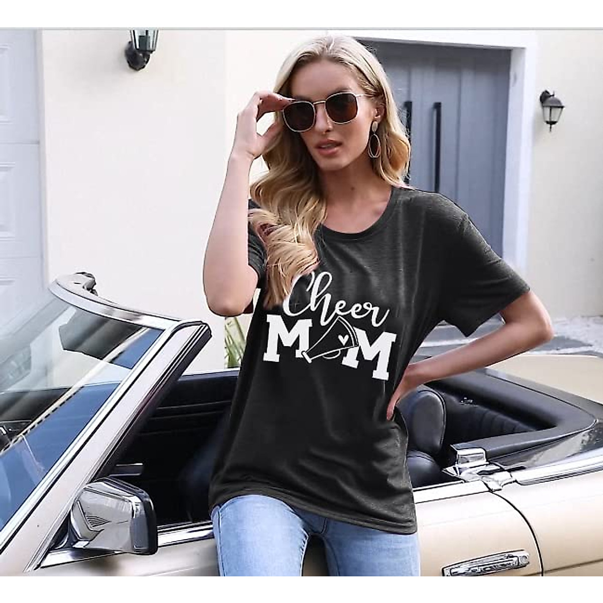 SUPEYA Cheer Mom Shirt for Women Mom Letter Printed T Shirts Casual Short Sleeve Tee Tops Dark Grey