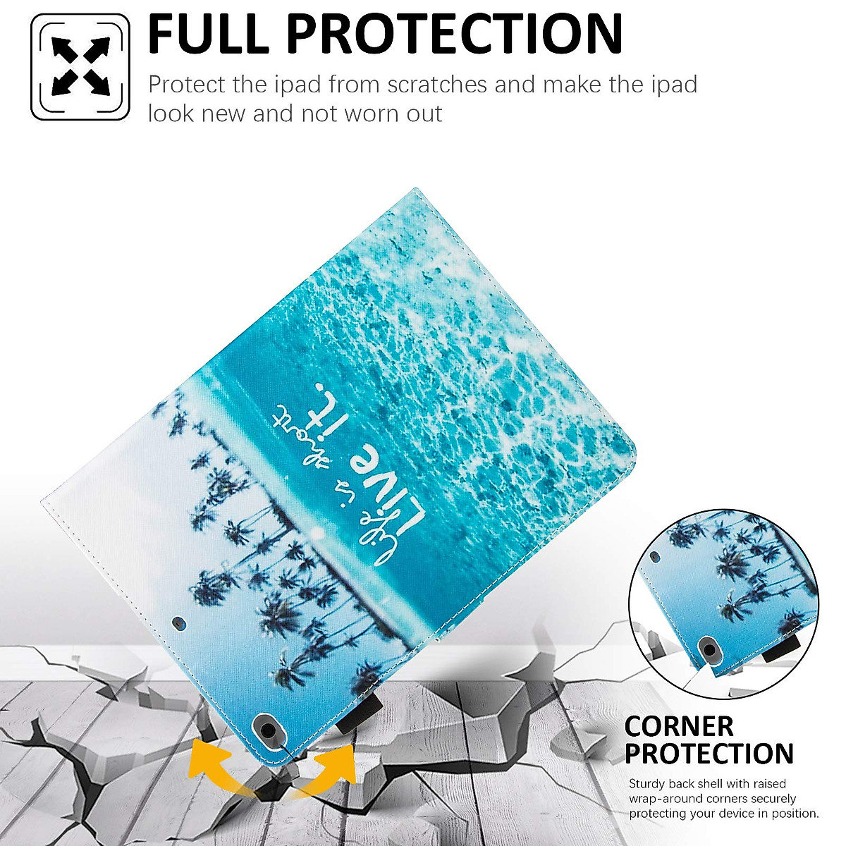 Dteck Case for iPad 9.7 inch 2018 2017 / iPad Air Case/iPad Air 2 Case, PU Leather Folio Smart Cover with Auto Sleep Wake Stand Wallet Case for Apple iPad 6th / 5th Gen,iPad Air 1/2, Beach Live it