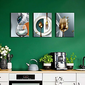 Canvas Wall Art for Dining Room Kitchen Wall Decor Teal Gold Wine Glass Pictures Abstract Wine Cups Paintings Geometric Kitchenware Posters Modern Home Decorations Family Bar Pub Artwork 12x16" 3 Pcs