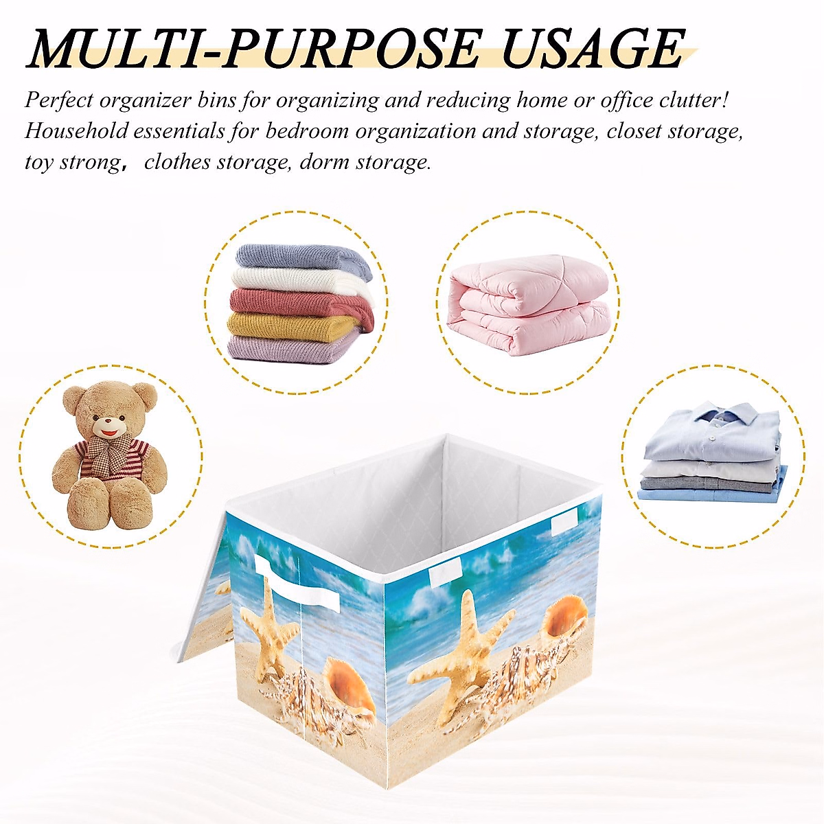 DIGTIA Storage Bins with Lids Shell Starfish Beach Foldable Storage Boxes with Handles Sea Wave Seaside Large Storage Basket Collapsible Organizer Containers for Closet Home Bedroom Office