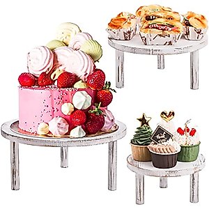 Elsjoy Set of 3 Wooden Cake Stand Round Dessert Display Riser, Stackable Cupcake Stand with Legs, Whitewashed Shabby Retail Bakery Serving Stand for Table Centerpieces, Wedding, Birthday, Party Decor
