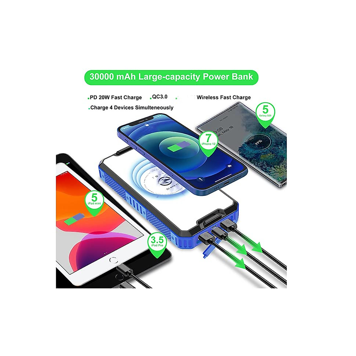 ANYFONG Solar Power Bank, 30000mA PD20W QC3.0 USB C Fasting Charging Solar Charger 10W Wireless Portable Phone Charger Power Bank, Battery Charger with Camping Light