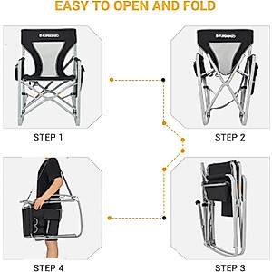 FUNDANGO Oversized Rocking Camping with Cooler Bag, Outdoor Folding Rocker Chair with Side Pocket for Travel, Picnic, Patio, Fishing Supports 300lbs Black&Grey