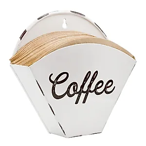 AuldHome Enamelware Coffee Filter Holder (White, Cone-Shaped), Wall-Mount Vintage Farmhouse Style White Filter Storage Container