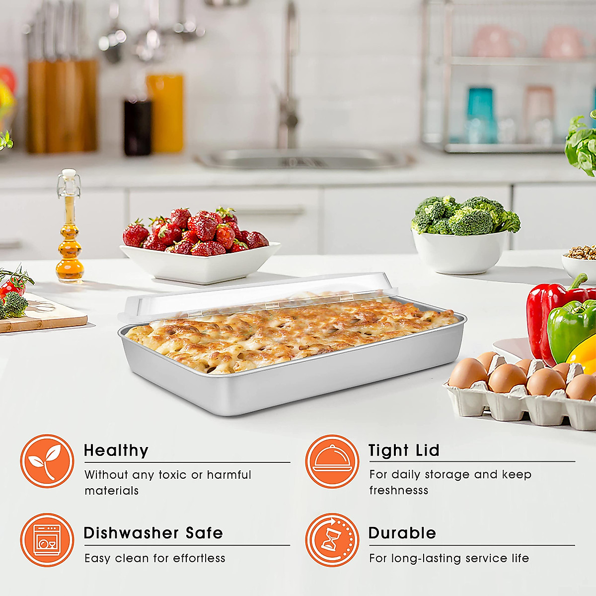 Herogo Baking Pan with Lid, 9 x 12 Inch Stainless Steel Lasagna Pan Deep, Rectangle Cakes Bakeware with Lid for Brownies Casseroles, Non Toxic & Dishwasher Safe